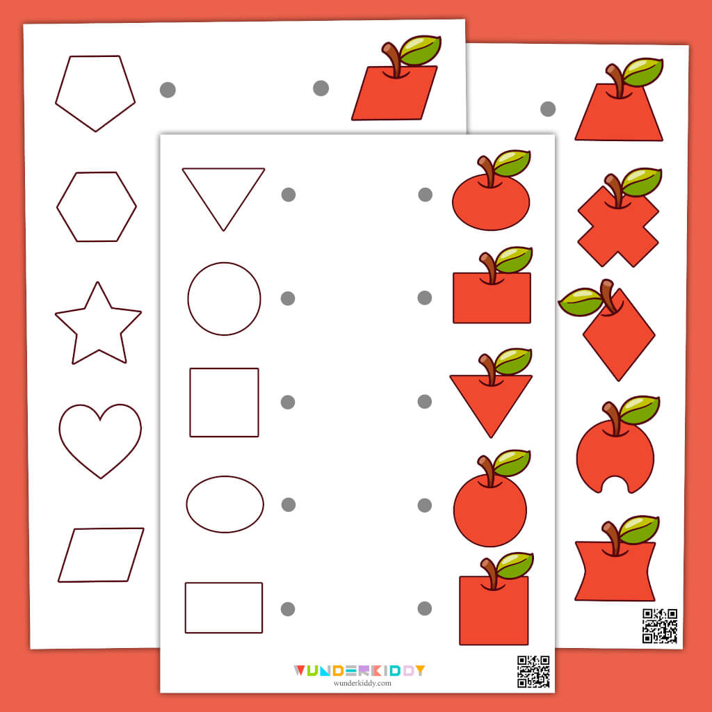 Free Printable 2D Apple Shapes Matching Worksheets for Preschool