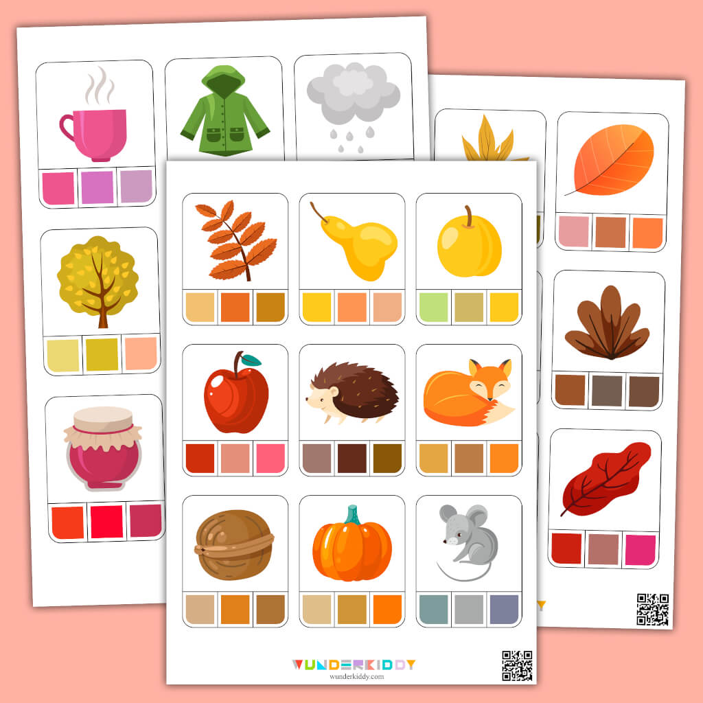Printable Autumn Theme Color Matching Clip Card Game for Kids