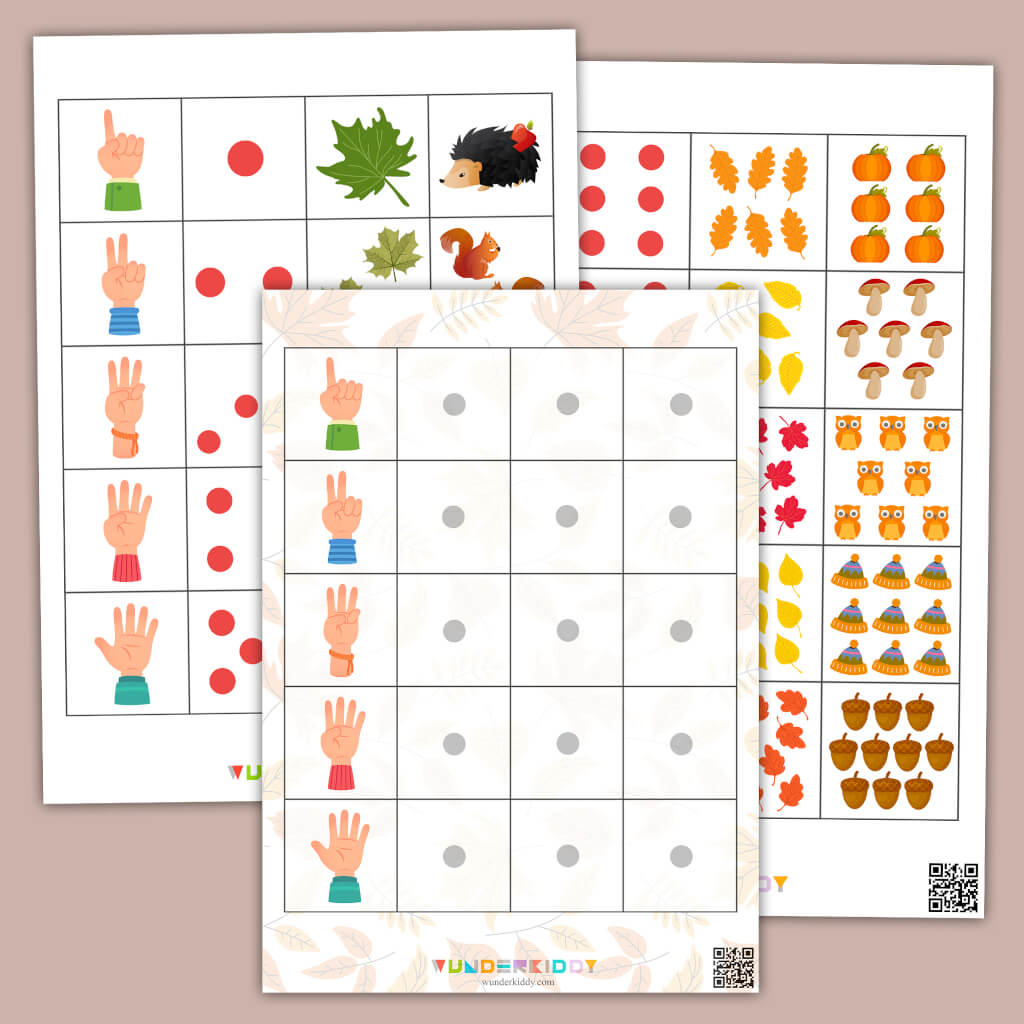 Printable Autumn Counting to 10 Matching Cards for Preschool