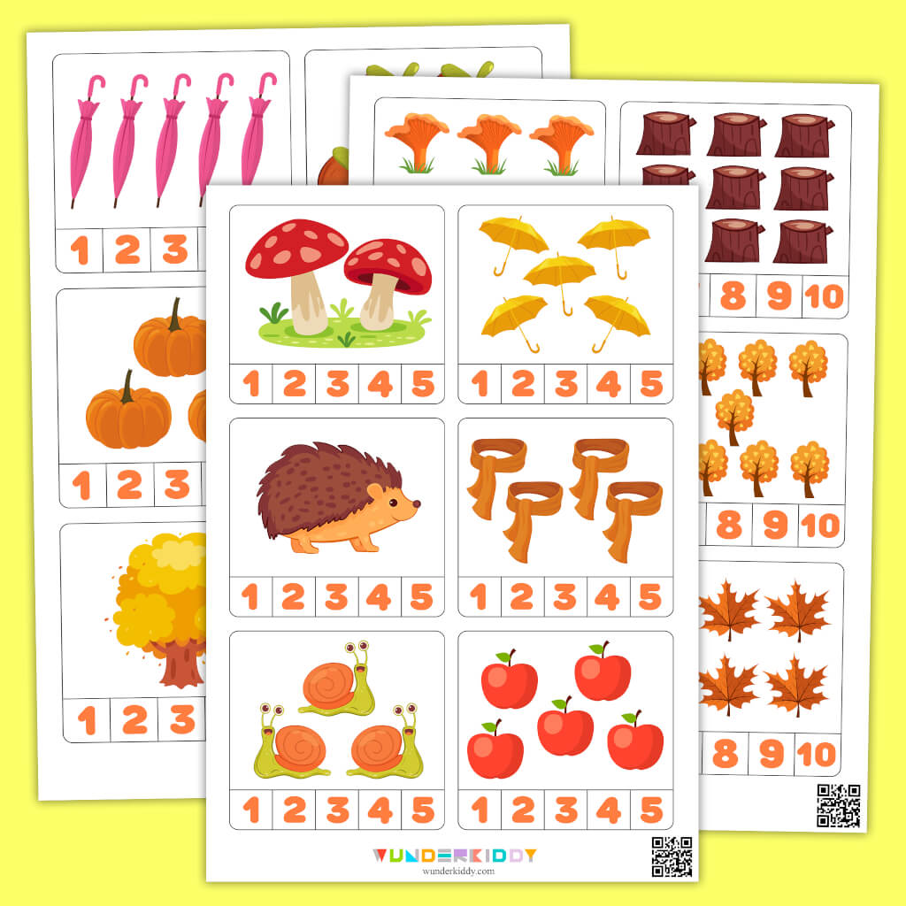 Printable Autumn Count and Clip Cards Numbers 1-10 Activity