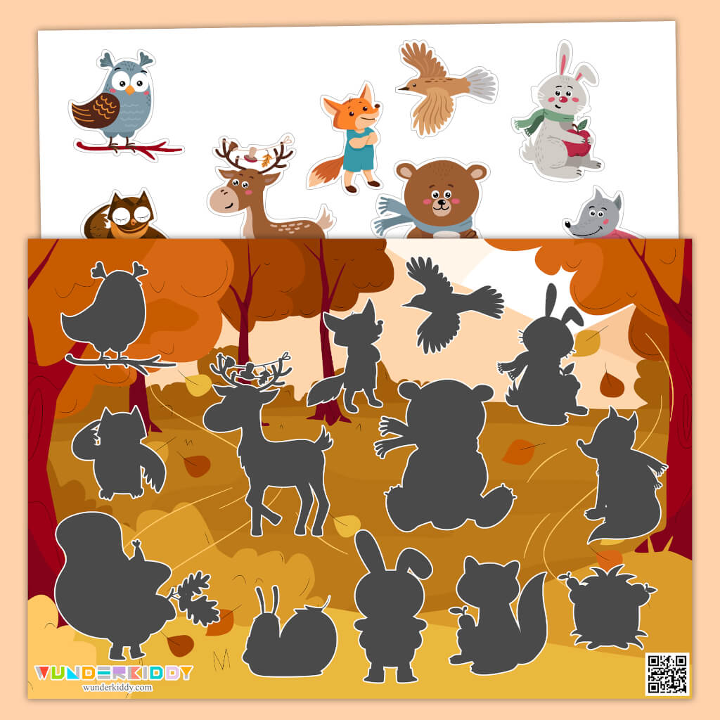 Printable Autumn Animals Shadow Matching Game for Toddlers