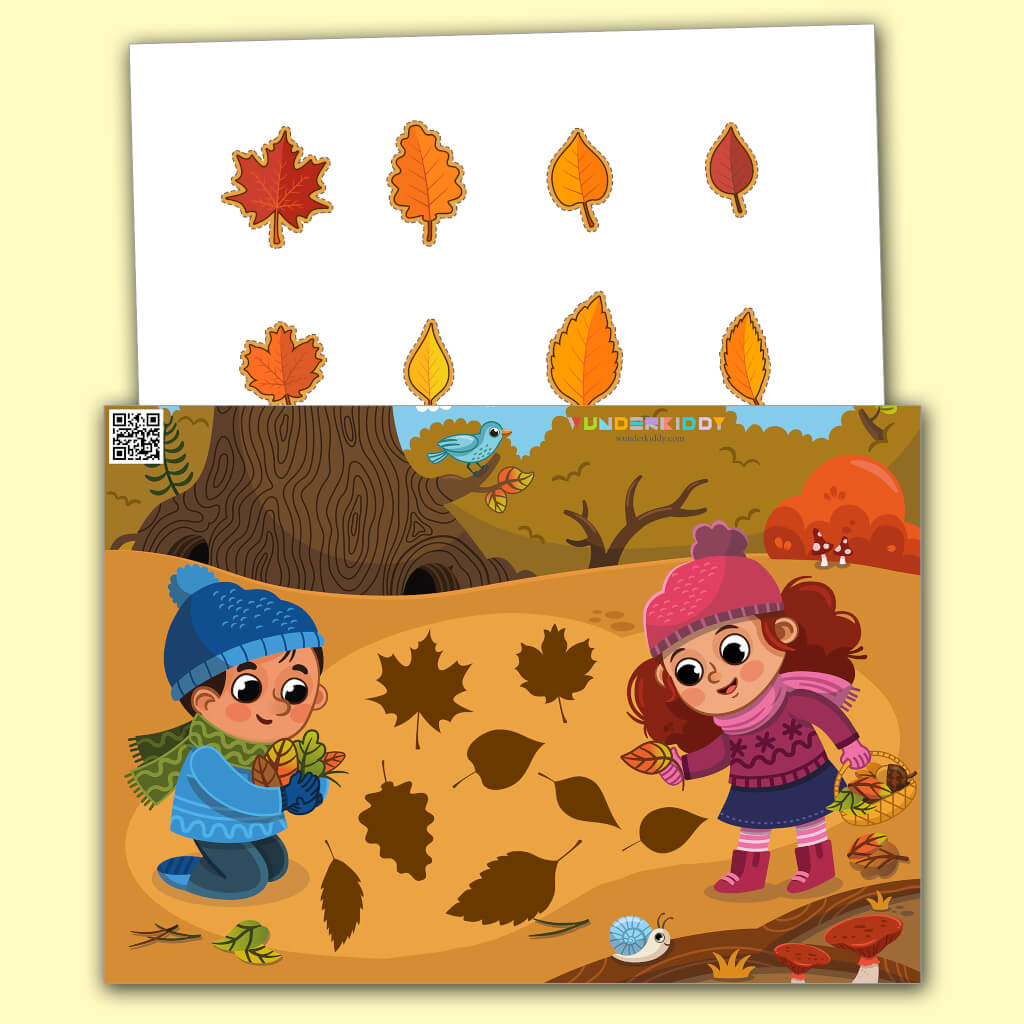 Printable Shadow Matching Game on Autumn Theme Fallen Leaves