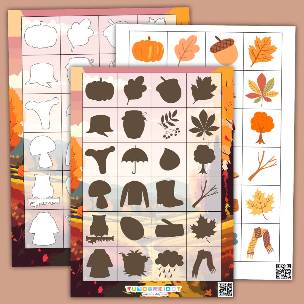Printable Autumn Season Shadow Matching Game for Preschool