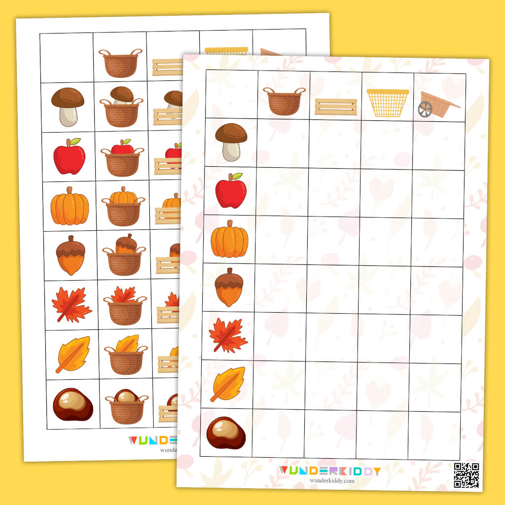 Printable Autumn Logic Grid Worksheet for Preschoolers