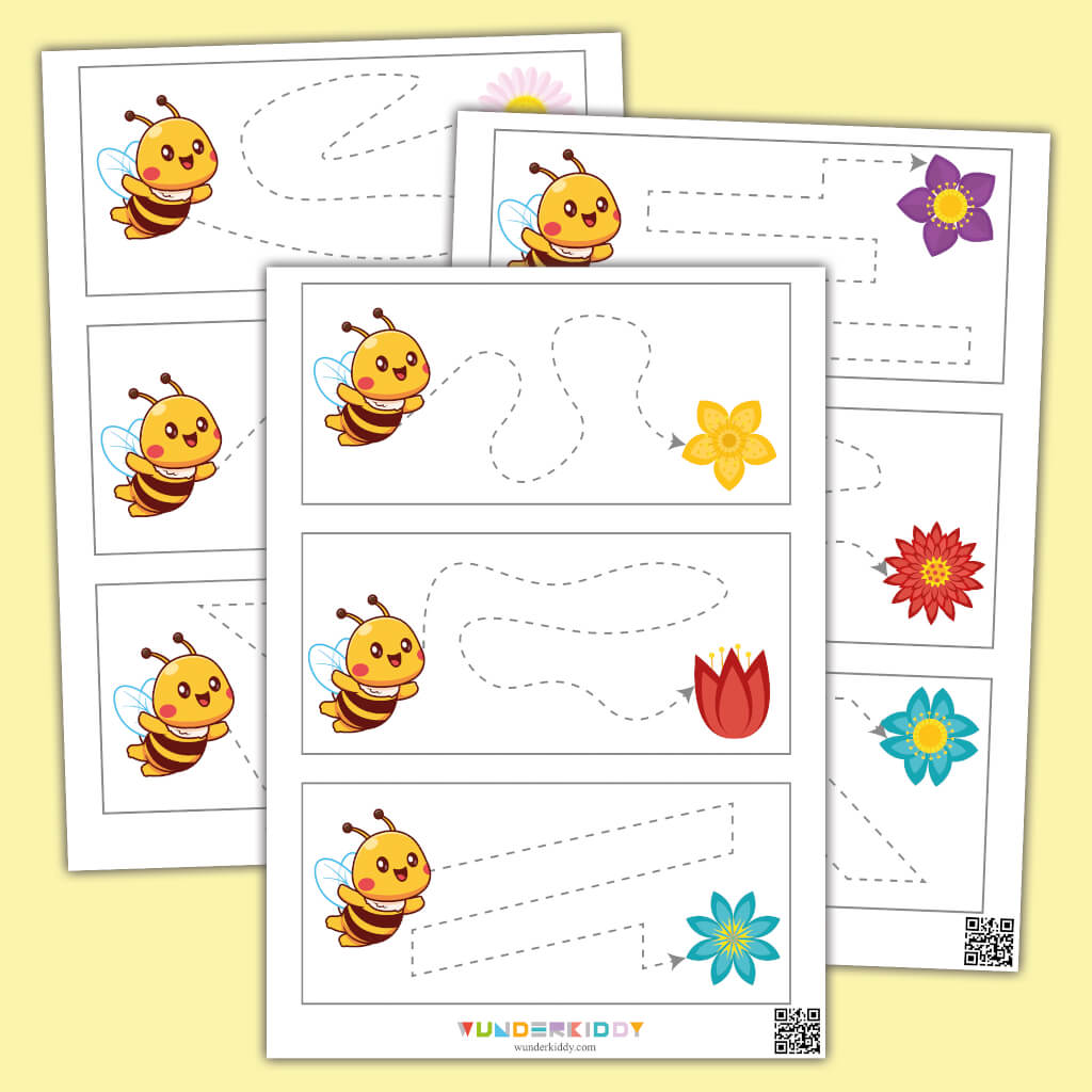Printable Bee and Flower Pre-Writing Preschool Worksheet
