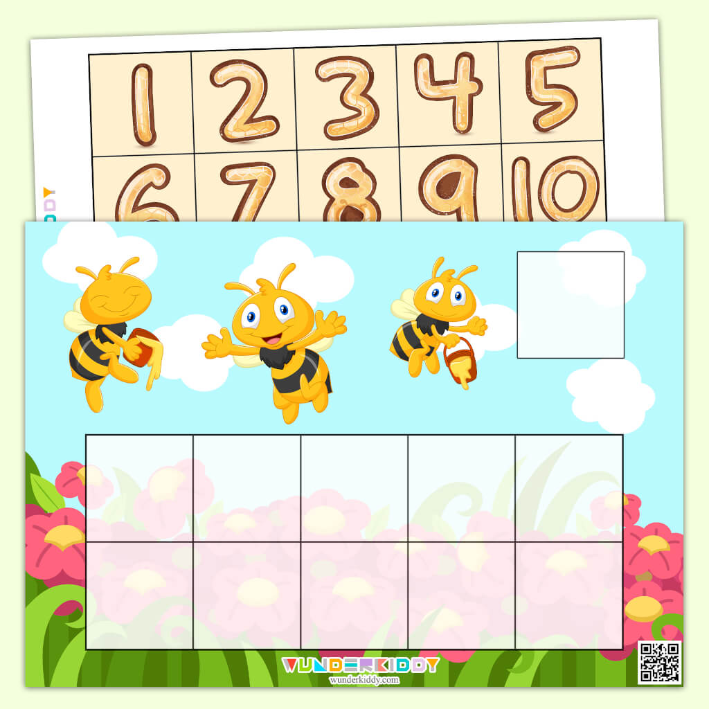 Printable Bee and Flower Counting up to 10 Game for Kindergarten