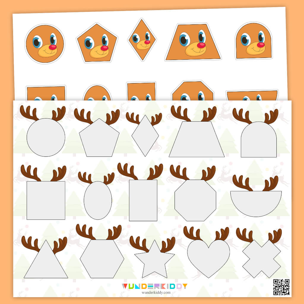 Printable Christmas Reindeer Geometric Shape Matching Worksheets