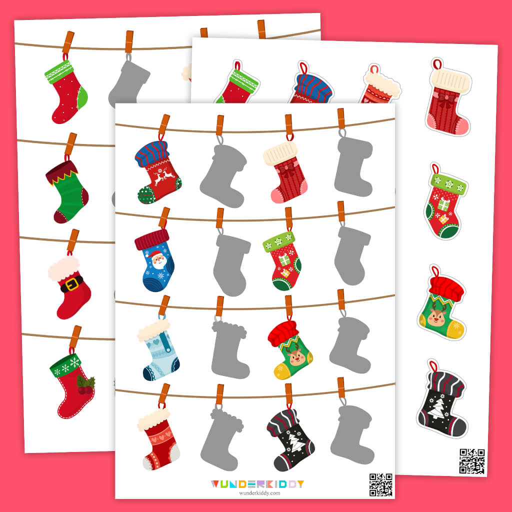 Printable Christmas Stocking Matching Worksheets for Kids