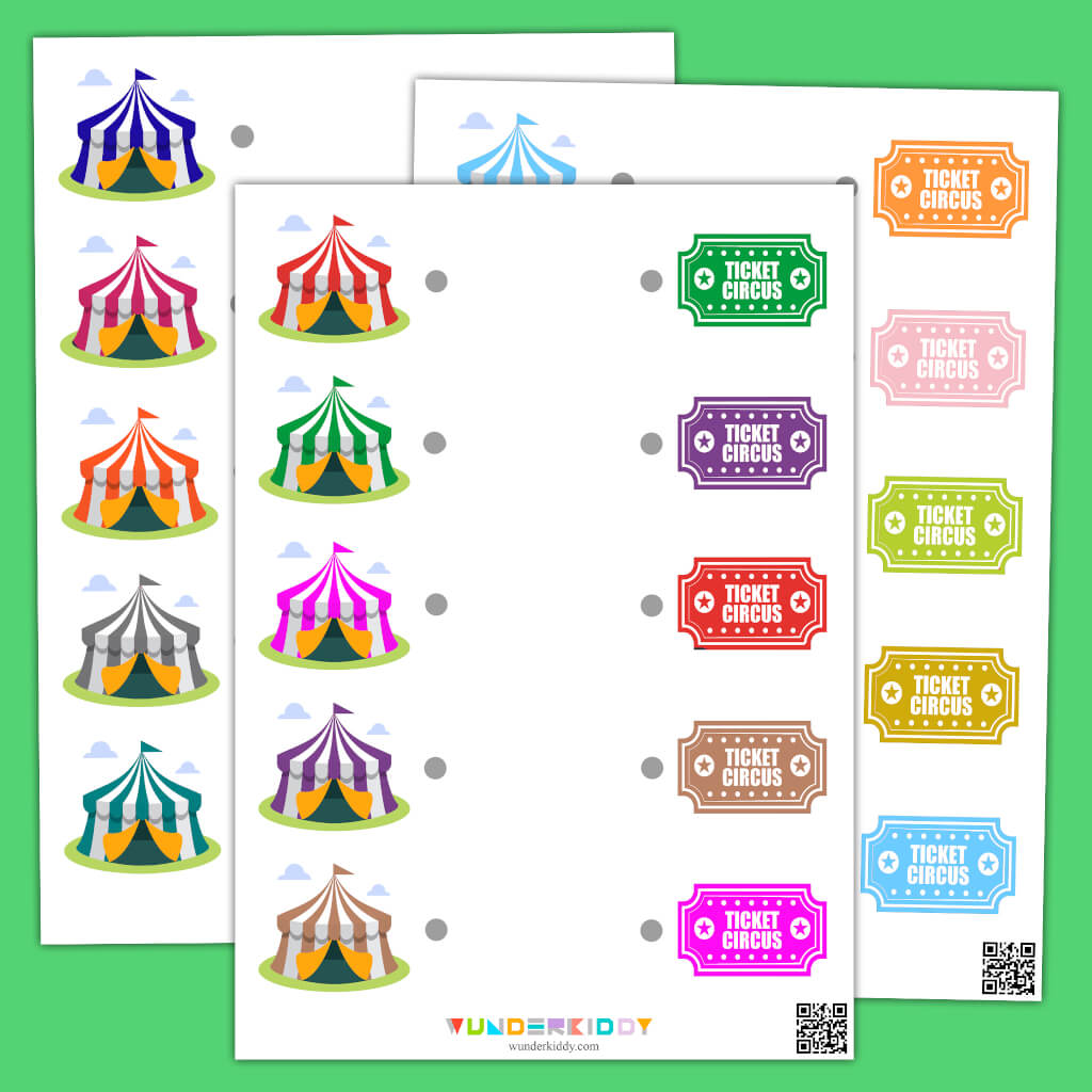 Printable Circus Ticket Color Matching Worksheets for Kids