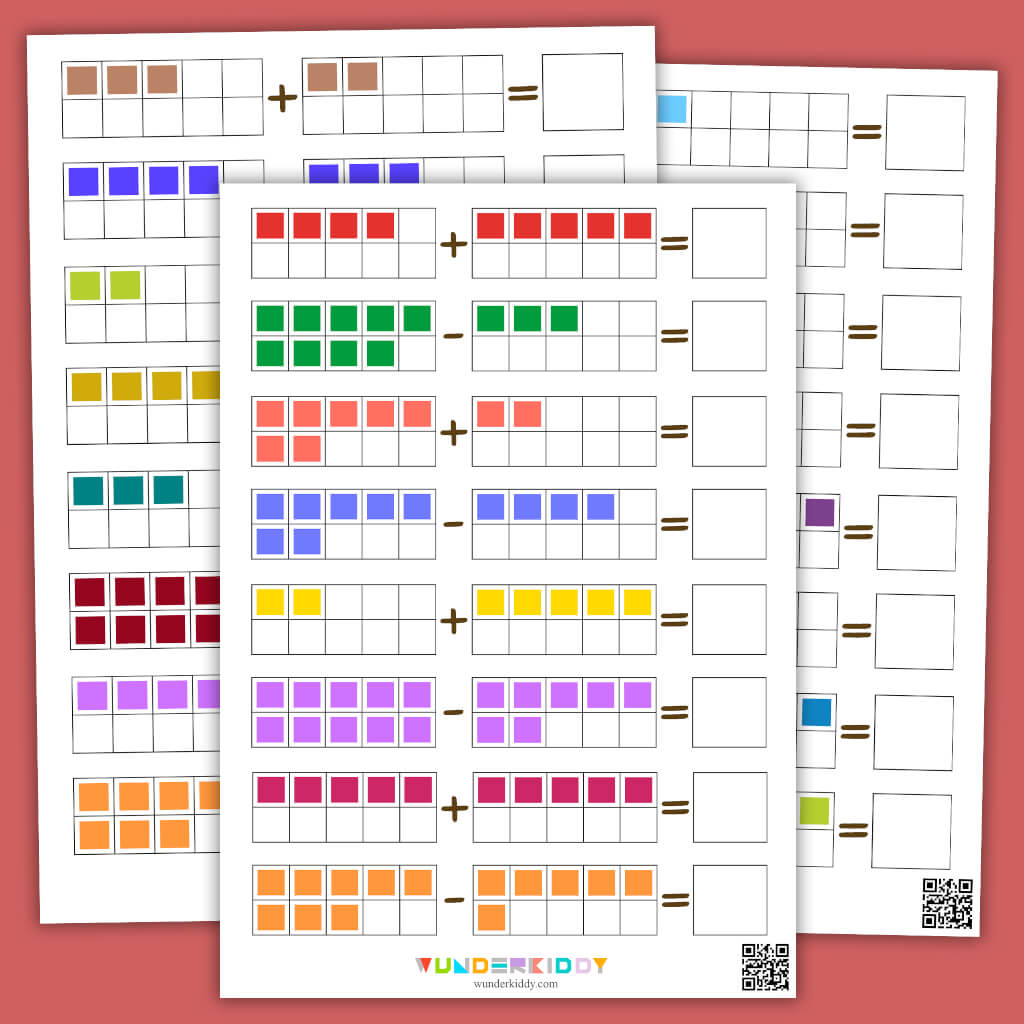 Printable Counting Squares Addition and Subtraction Worksheets