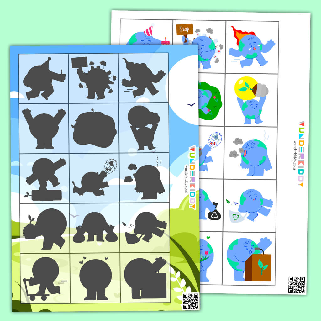 Printable Earth Day Shadow Matching Game Cards for Preschool