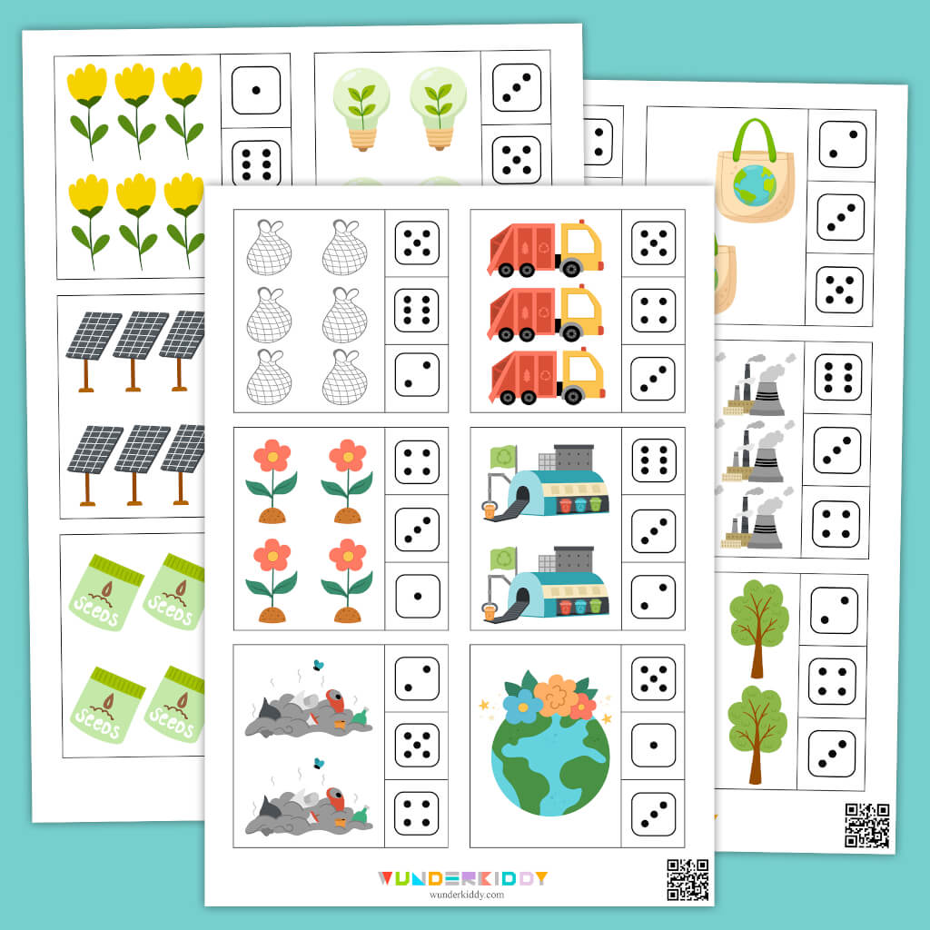 Printable Earth Day Counting Clip Cards 1-6 for Kindergarten