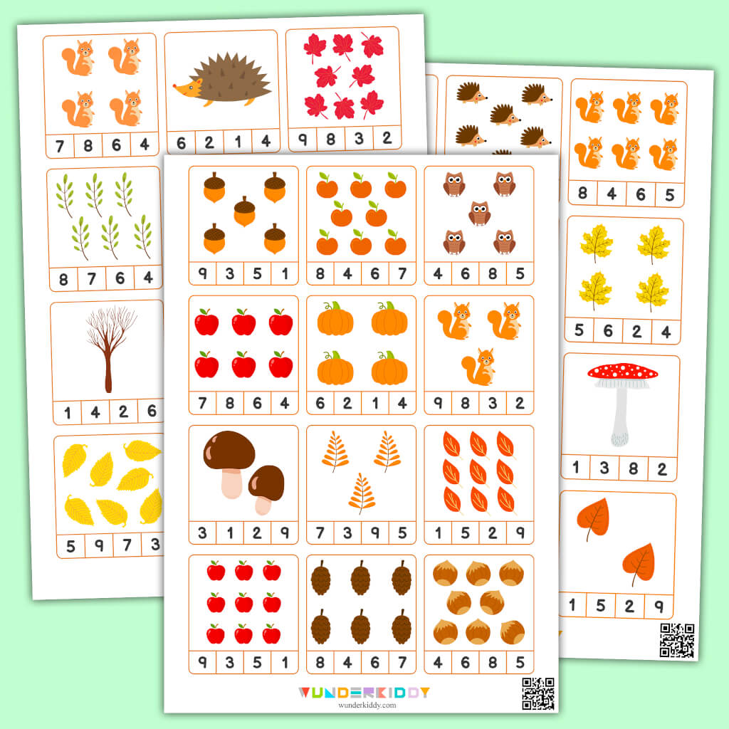 Printable Fall Theme Count And Clip Cards Math Game for Preschool