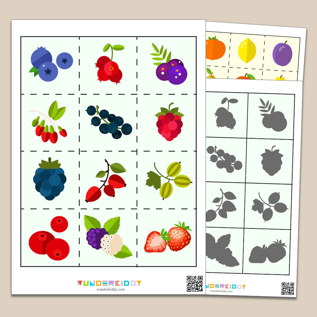 Match the Shadow Worksheet for Children Fruits, Vegetables and Berries