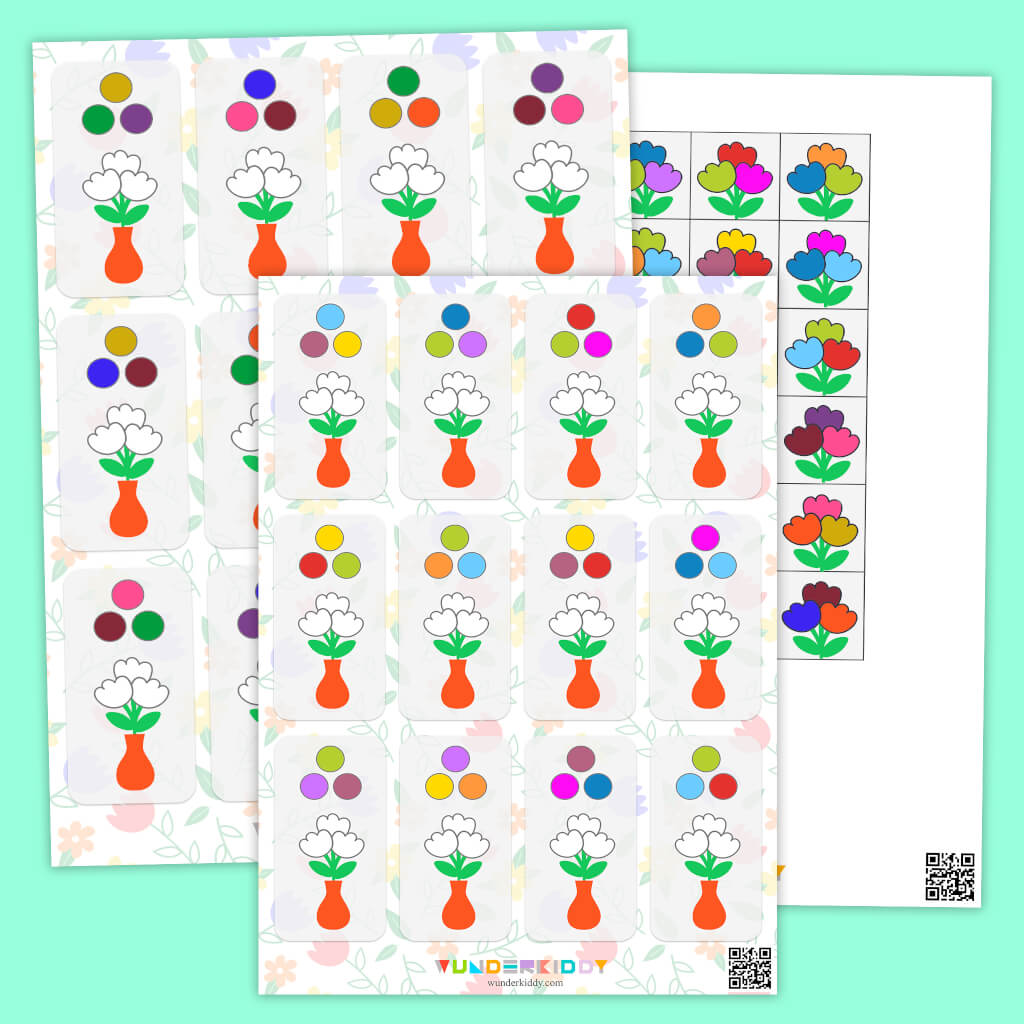 Printable Flowers Color Matching by Pattern Worksheet for Kids