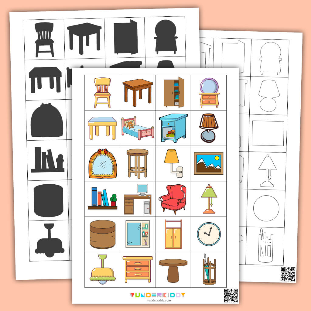 Printable Furniture Shadow Match Learning Game Cards for Kids