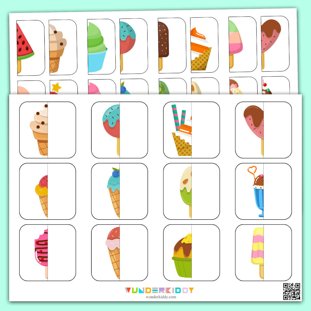 Printable Ice Cream Matching Symmetry Cards for Toddlers
