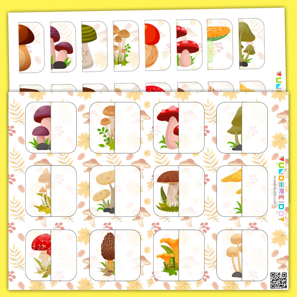 Printable Mushroom Fall Matching Symmetry Puzzle Activity