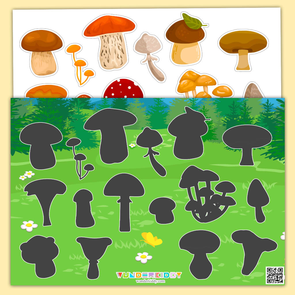 Printable Mushrooms Shadow Match File Folder Game for Kids