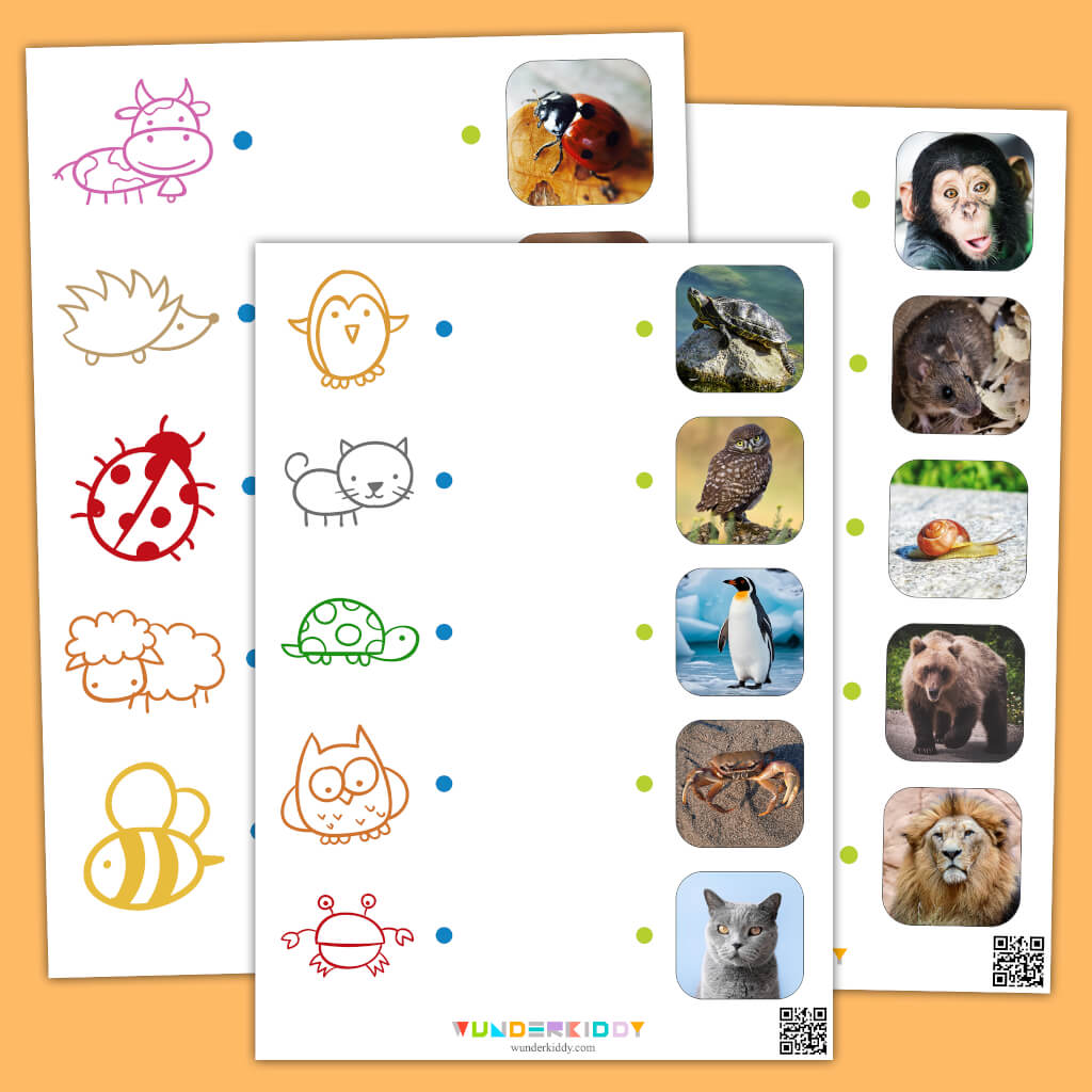 Printable Painted Animals Matching Worksheet for Toddlers