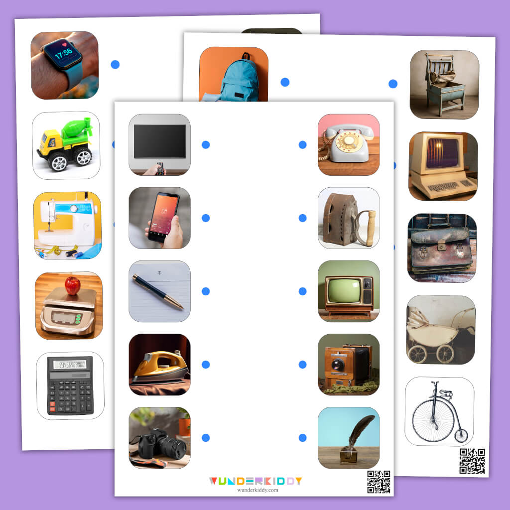 Printable Past and Present Objects Matching Worksheets