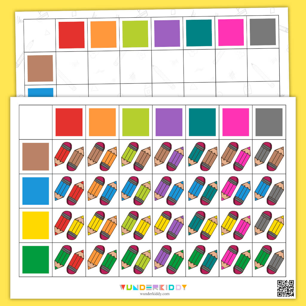 Printable Pencil Matching Color Grid Game for Kindergarten