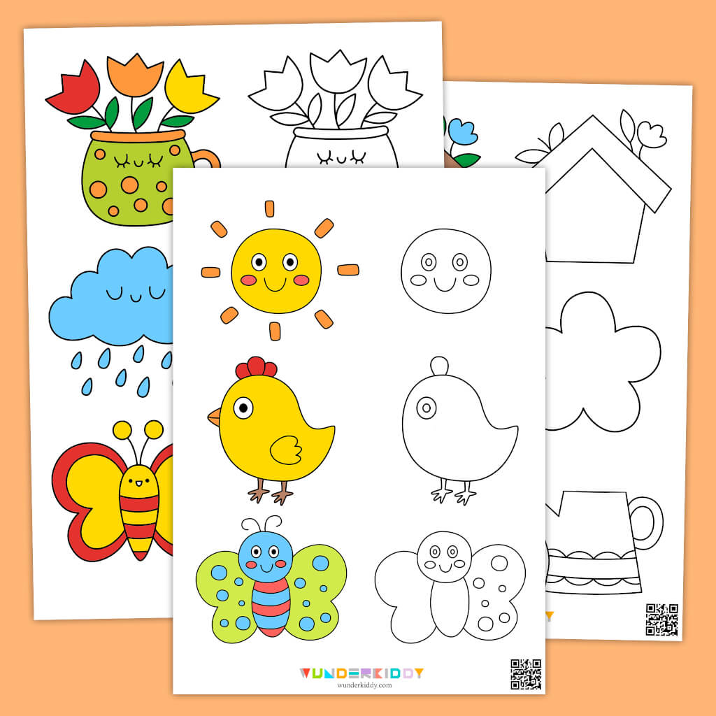 Printable Spring Drawing and Coloring Worksheets for Preschoolers