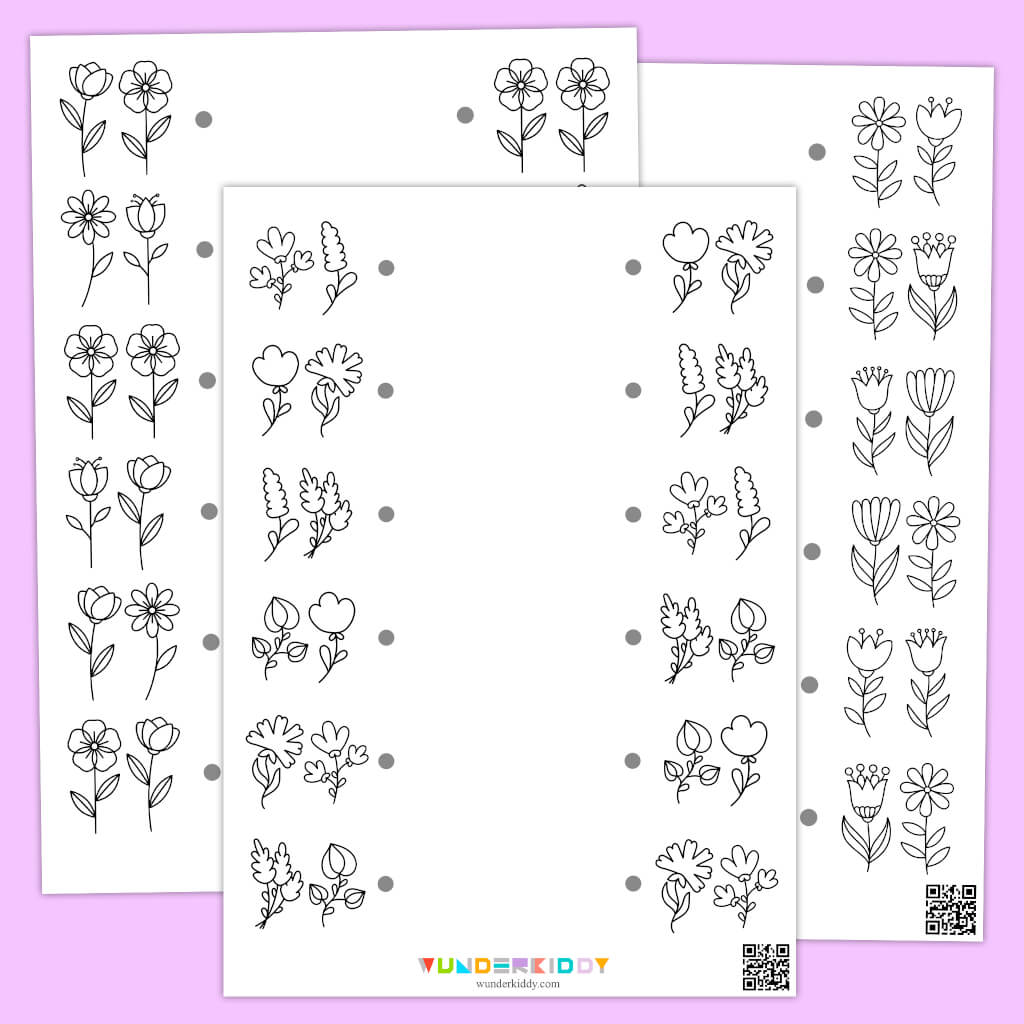 Printable Spring Flower Pair Matching Worksheets for Kids