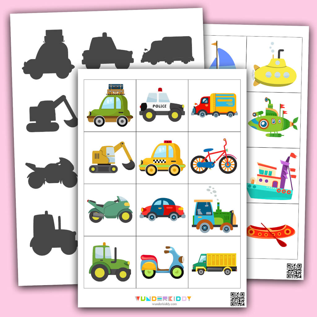Printable Types of Transportation Shadow Match Worksheet
