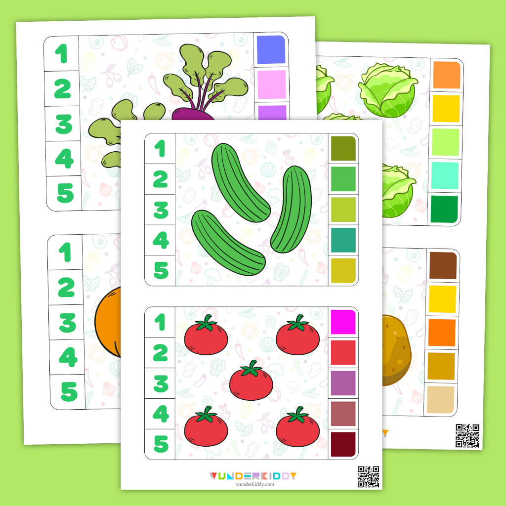 Printable Vegetables Counting to 5 Clip Card Math Game for Kids