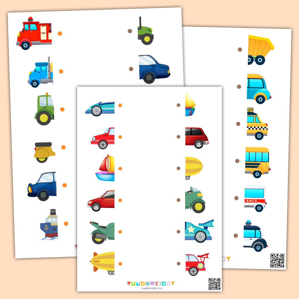Printable Cars Matching Puzzle Worksheet for Toddlers