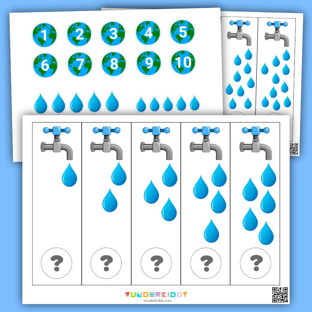 Printable Water Drops Math Counting up to 10 Game for Preschool