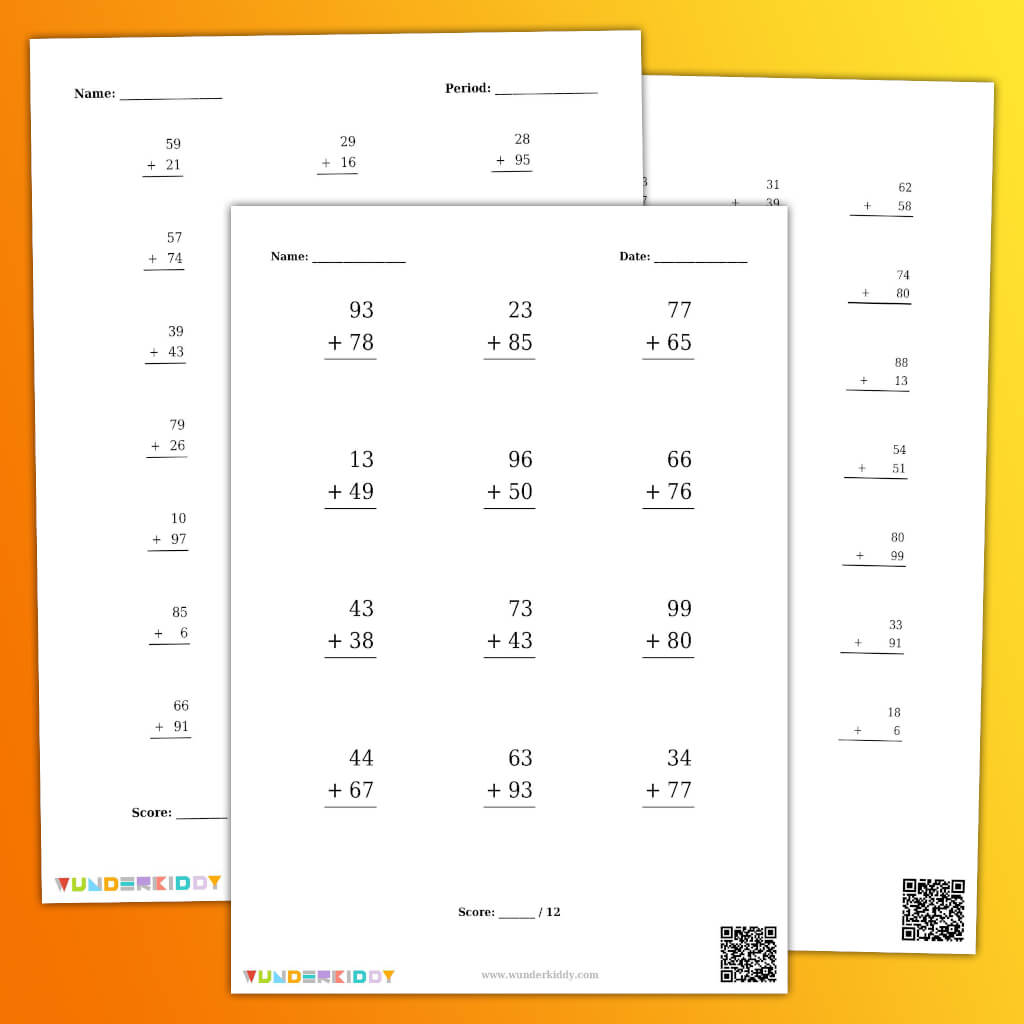 Worksheet Generator for Adding Two 2 Digit Numbers Practice