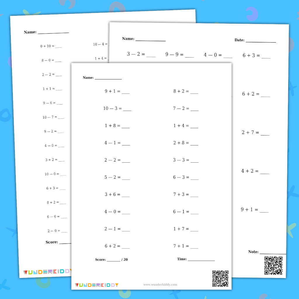 Basic Addition and Subtraction Worksheet Generator (Answers to 10)