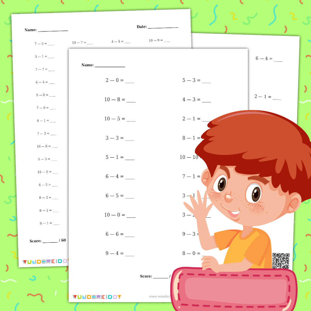 1st Grade Subtraction Worksheets Generator (Within 10)
