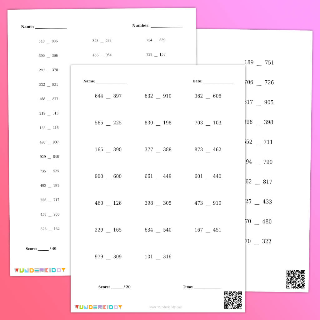 Comparing numbers up to 1000 woksheets