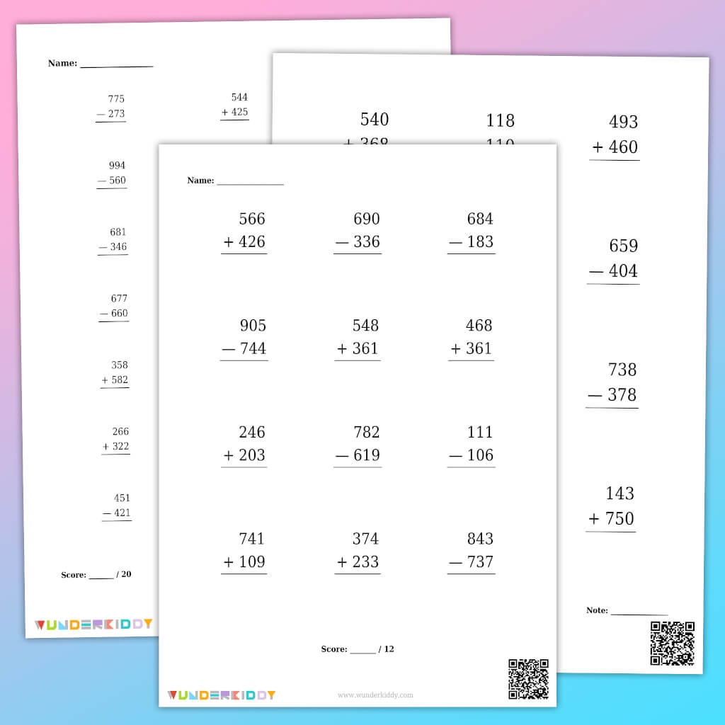 3 Digit Mixed Addition and Subtraction Worksheets