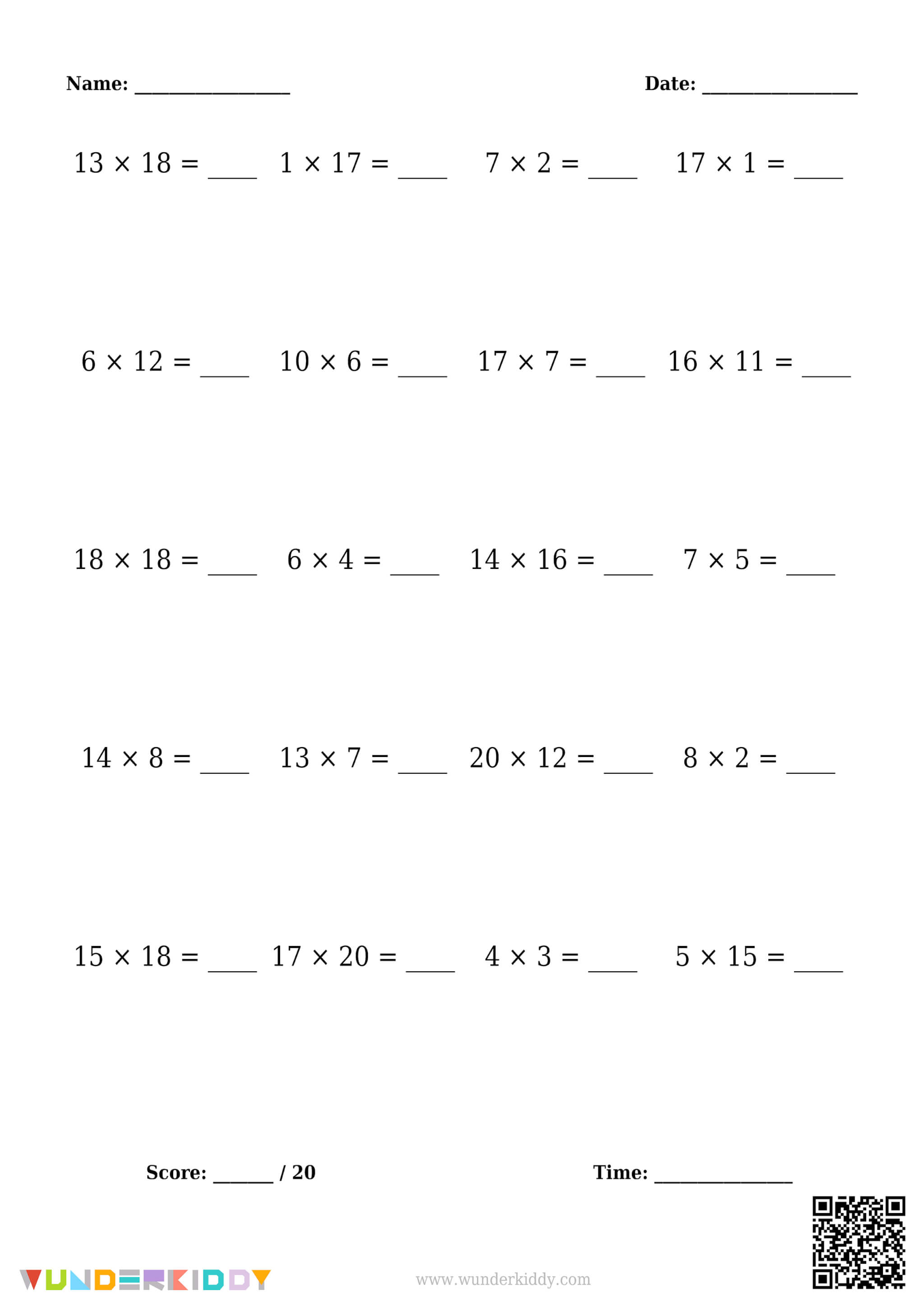 Printable Multiplication Worksheets 1-20, 5th Grade