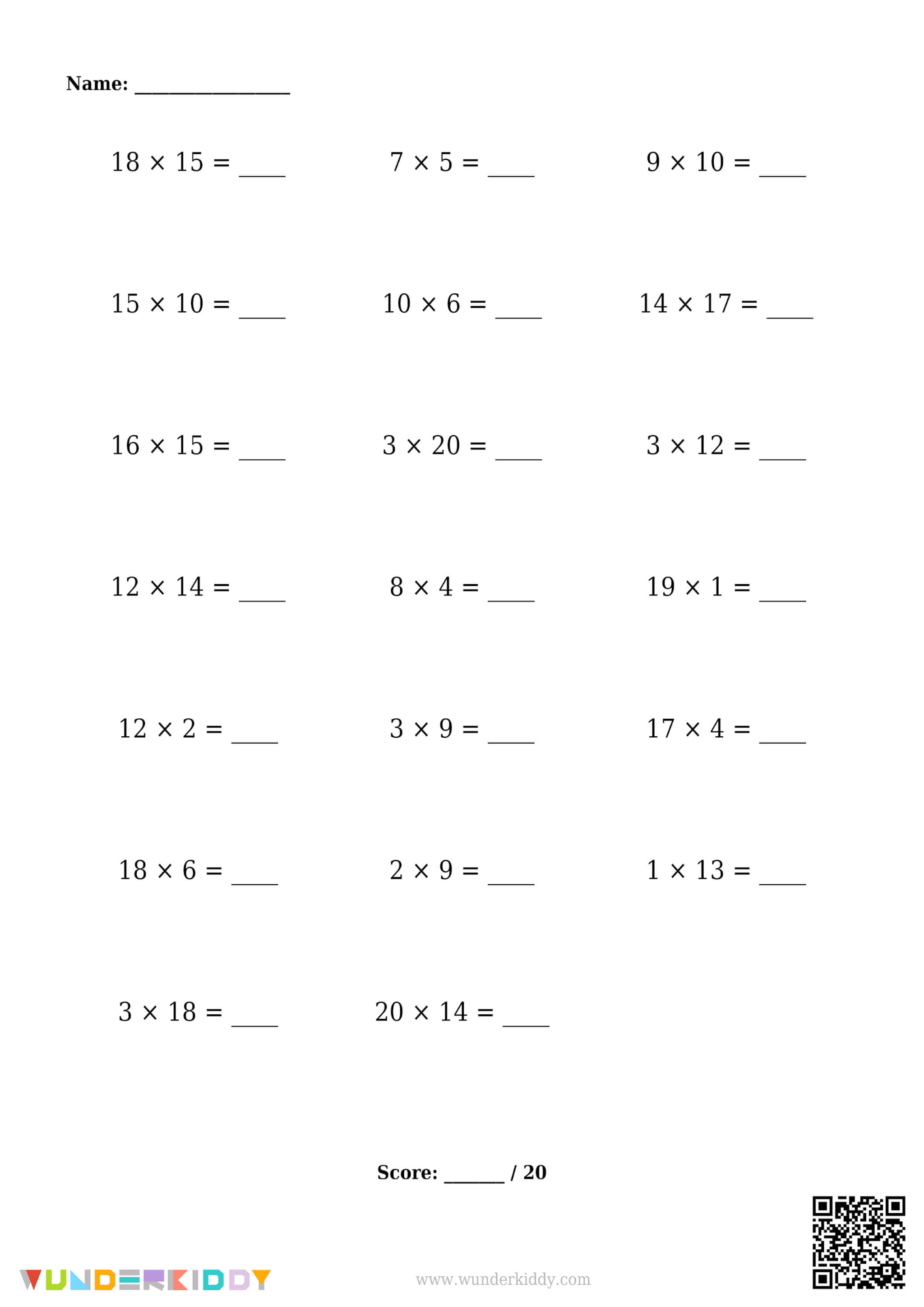 Printable Multiplication Worksheets 1-20, 5th Grade