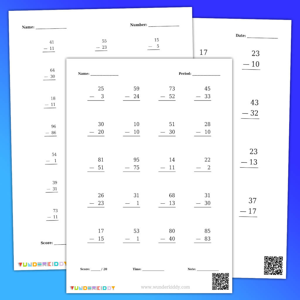 Générateur de fiches de soustraction à 2 chiffres pour le CE1